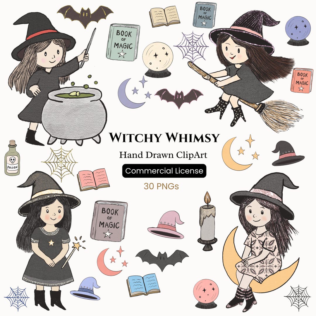 Halloween Clipart Png Bundle, Witches Clipart Png, Cute Halloween Witch ...