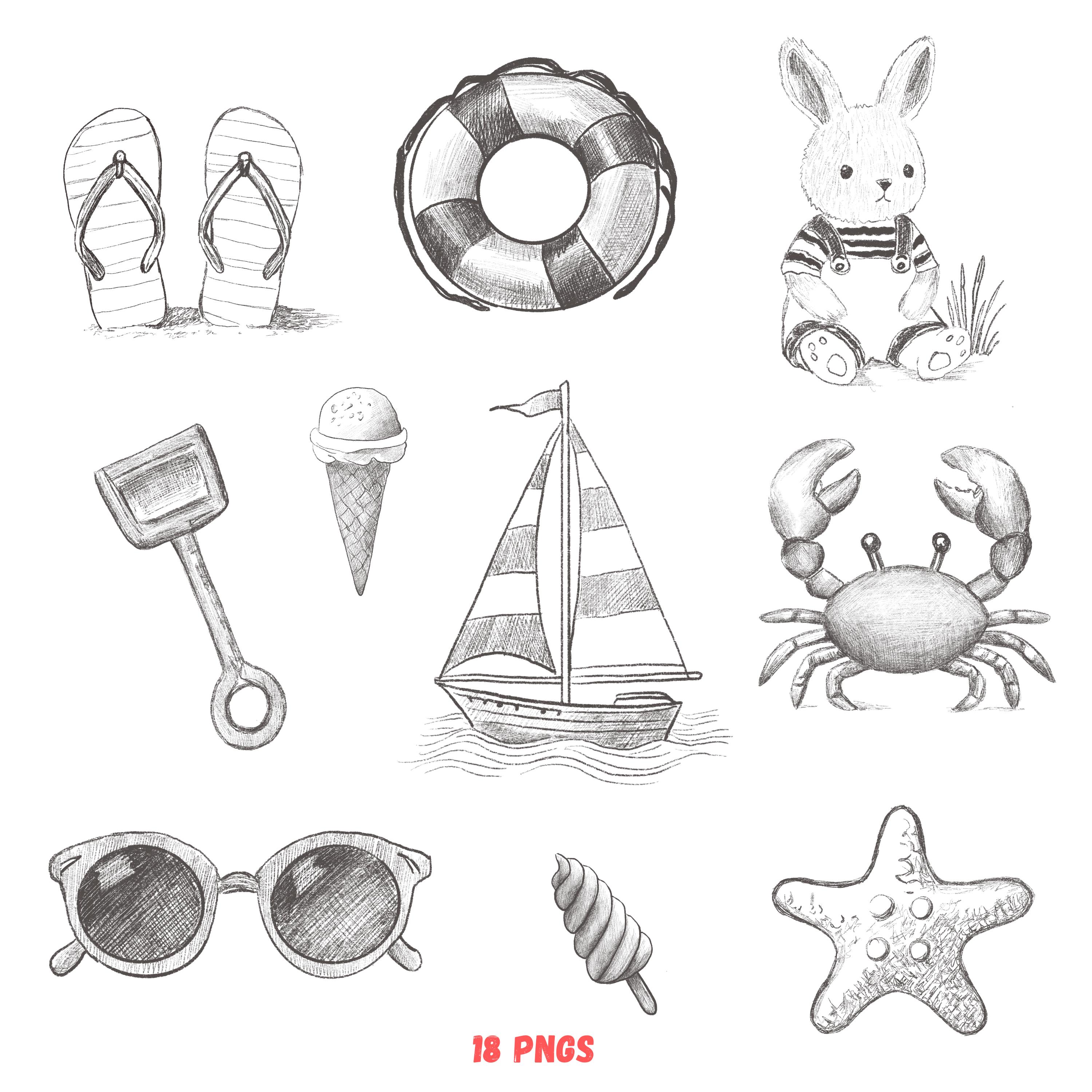 Summer SKETCH Clipart PNG Set, Coastal Clipart, Hand Drawn Beach Png ...