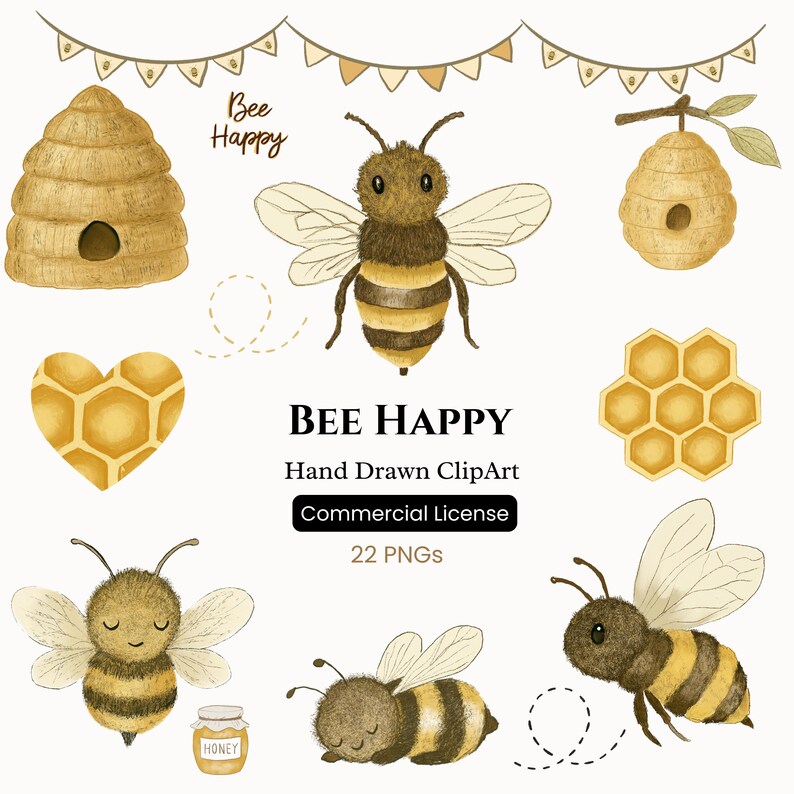 Bumble Bee Clipart Set, Watercolor Hand Drawn Honeybee Pngs, Vintage ...