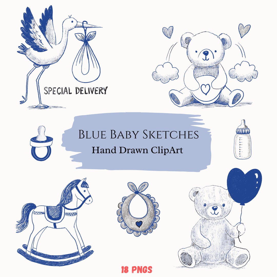 Hand Drawn Blue Baby Doodles, Newborn Sketchbook Baby PNG, Baby Shower ...