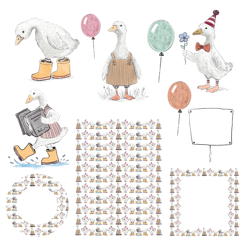 Whimsical Silly Goose Clipart Set, Watercolor Hand Drawn Farm Animal ...