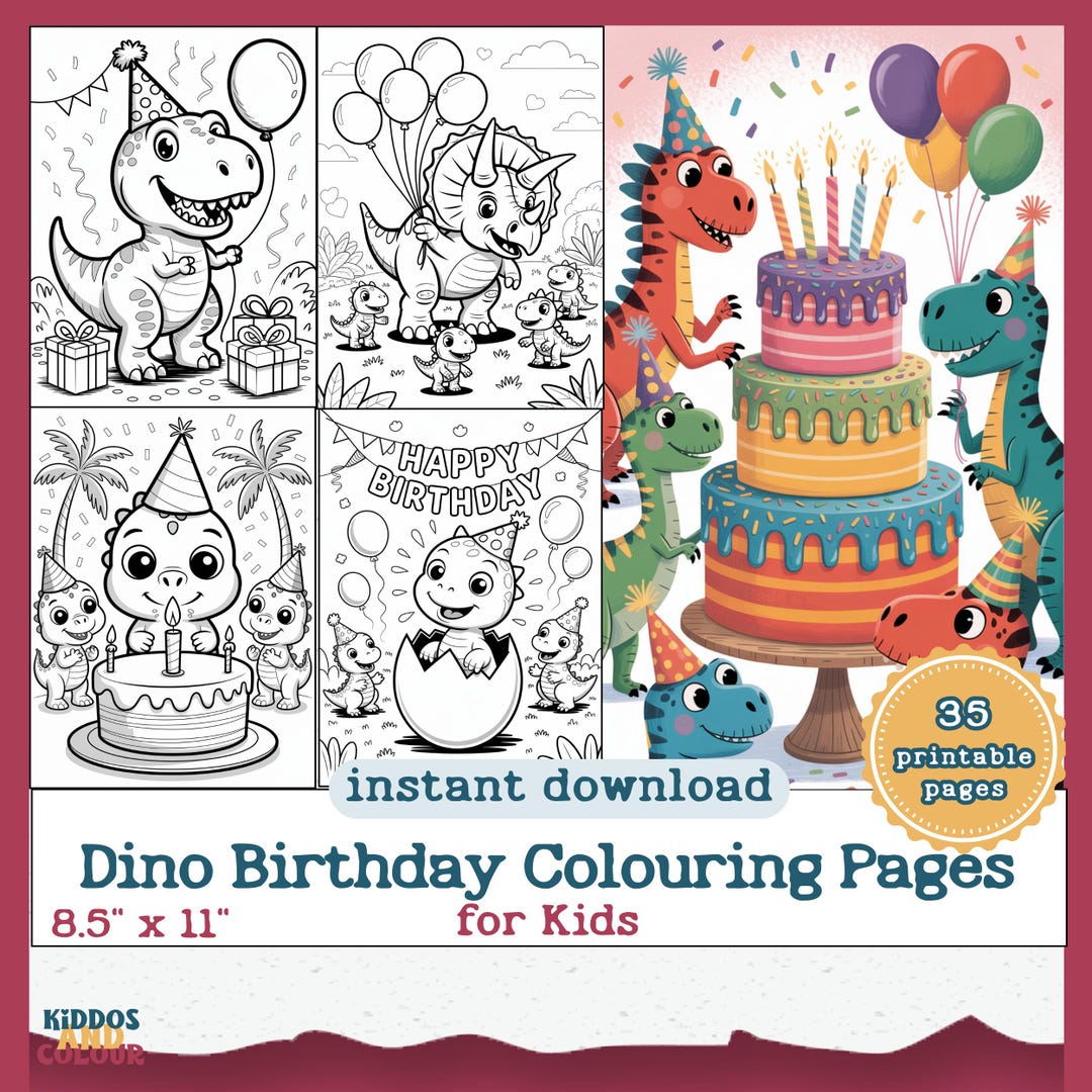 35 Page Dinosaur Birthday Colouring Book for Kids | Printable Dino ...