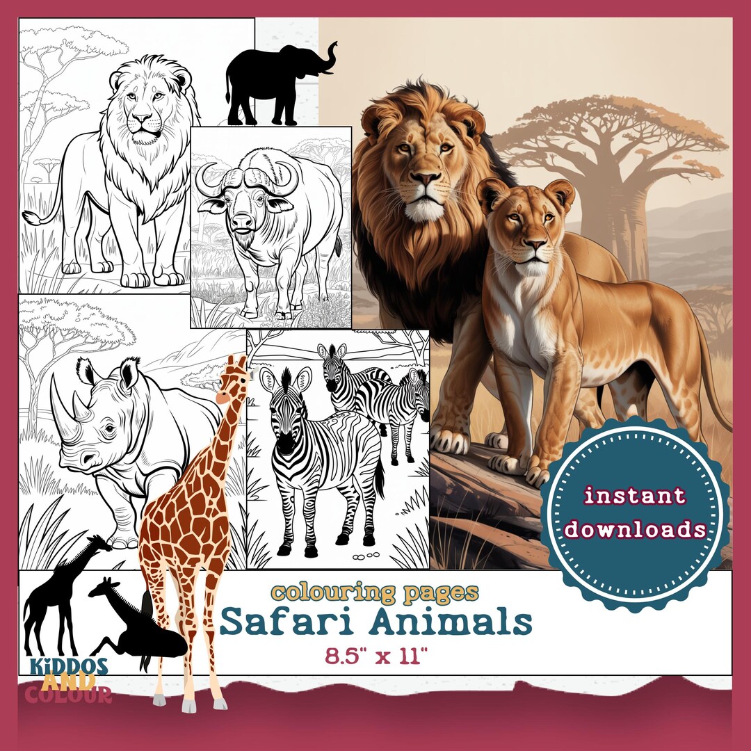 Safari Animals Coloring Book: 60 Printable Pages for Kids (digital ...