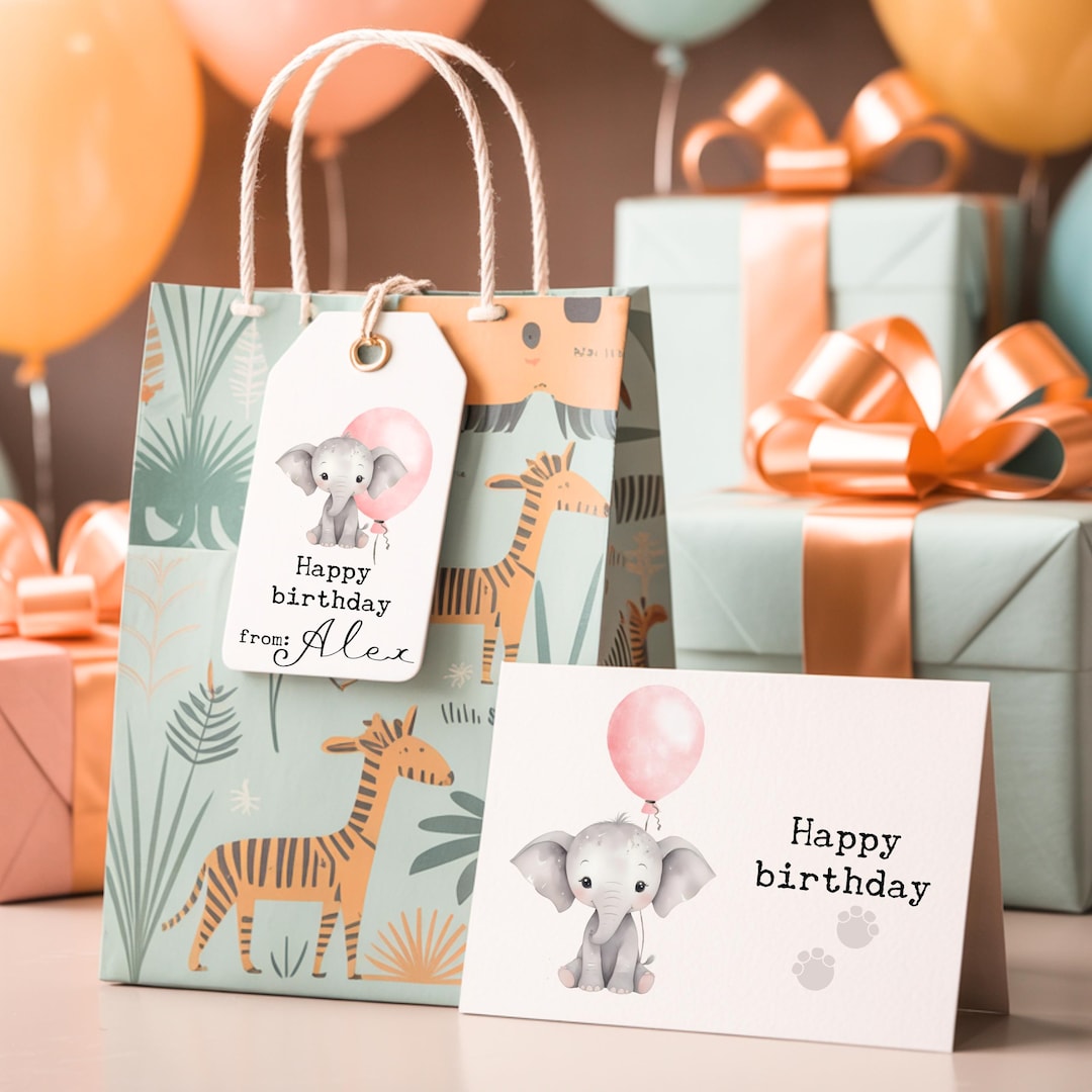 Printable Elephant Birthday Card & Gift Tags | Instant Download Digital ...
