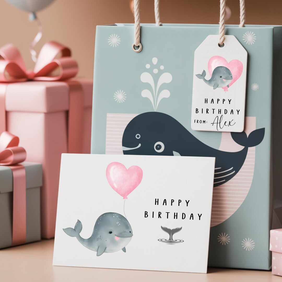Printable Whale Birthday Card & Gift Tags | Instant Download - Etsy
