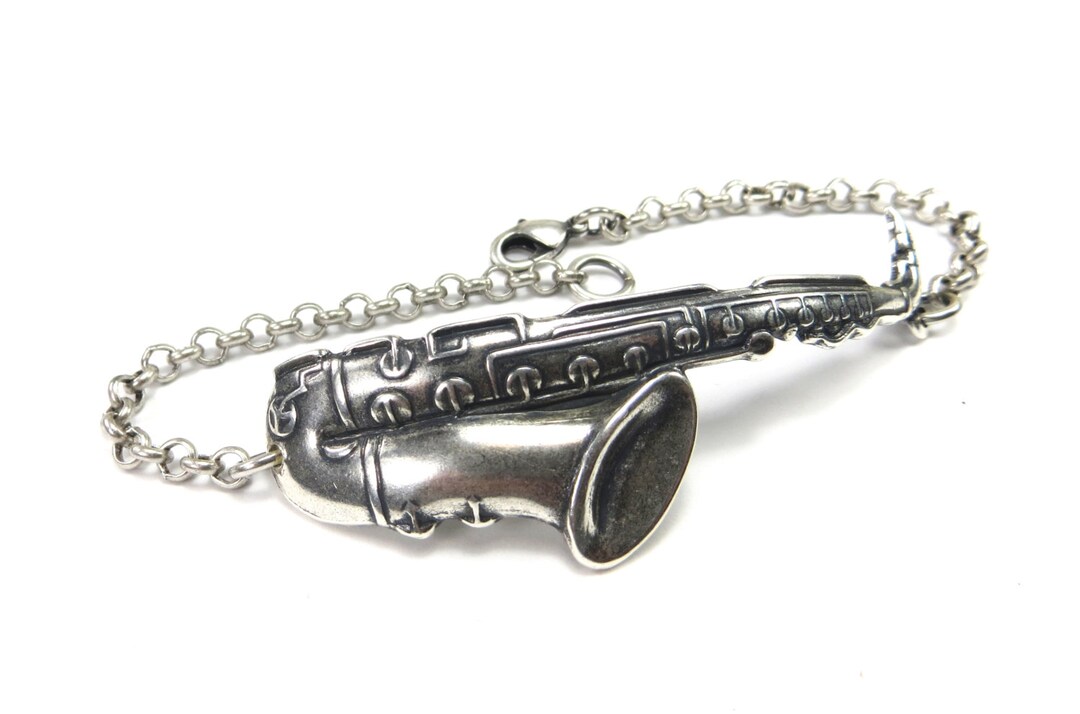 Saxophone Bracelet, Sterling Silver Finish or Antiqued Brass Finish - Etsy