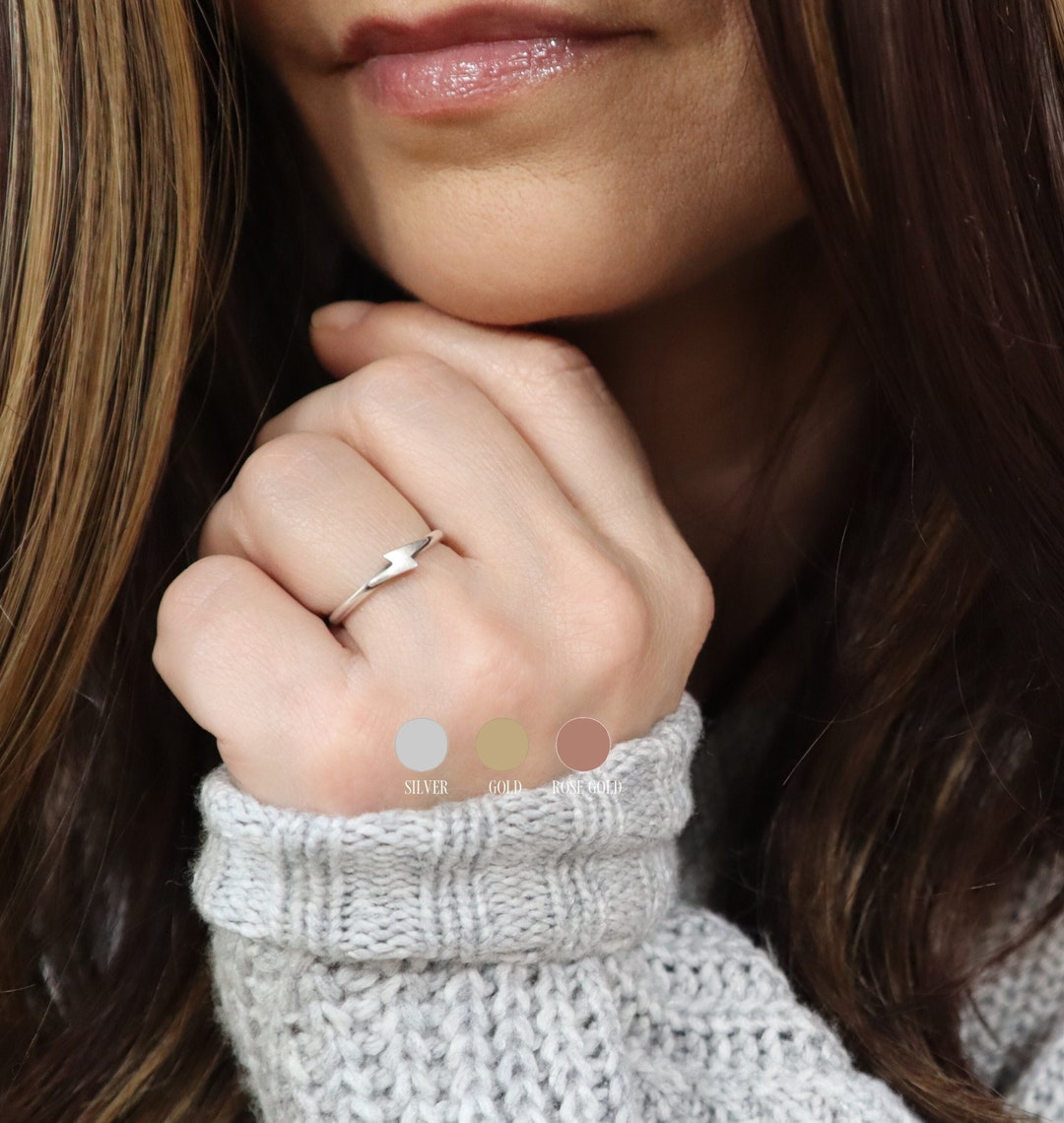 Small Lightning Bolt Ring, Thunderbolt Ring, Lightning Stacking Ring, Sterling Silver Finish ...