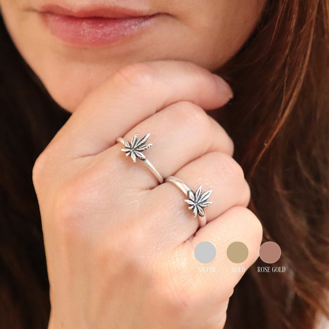 Mary Jane Ring, Small Cannabis Ring, Sterling Silver, 24K Gold, Rose ...