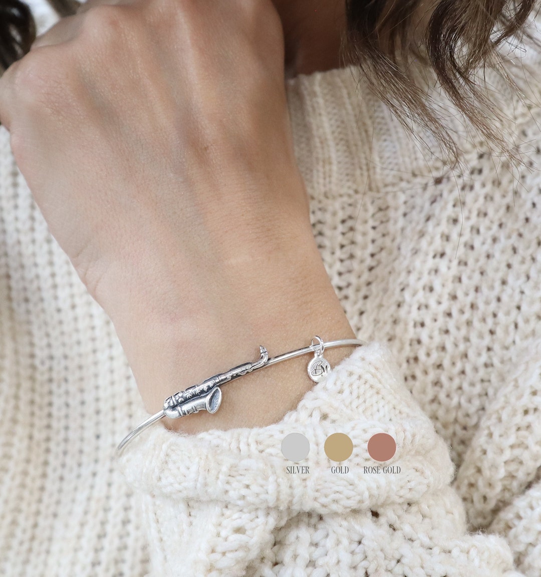 Saxophone Bangle, Small Saxophone Bracelet, Silver, Gold, Rose Gold ...