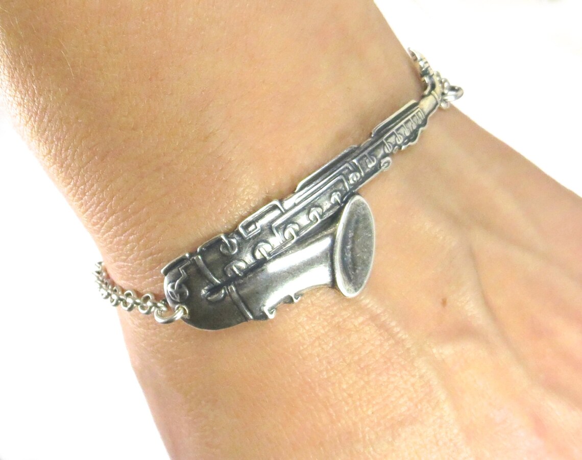 Saxophone Bracelet, Sterling Silver Finish or Antiqued Brass Finish - Etsy