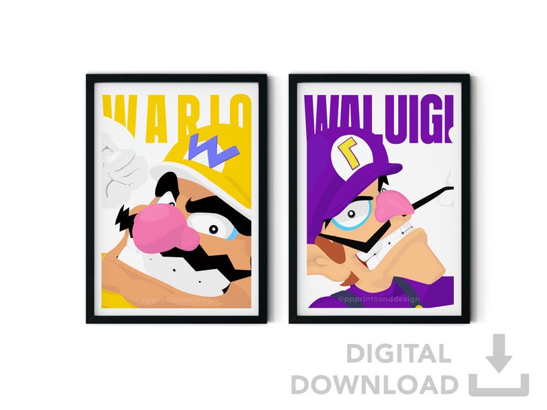 Set of 2 Mario Posters, Printable Wario & Waluigi Childs Room Artwork ...