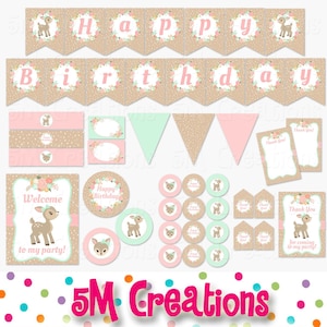 Deer Birthday Party Printable Decorations - Floral Woodland Animal ...