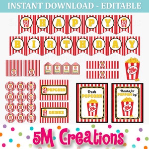 Popcorn Birthday Party Decor - EDITABLE Printable Instant Download PDF ...