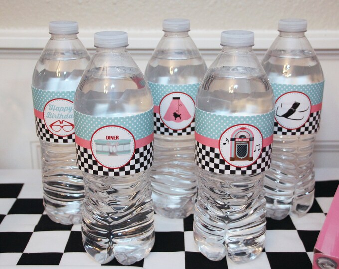 50s Diner Water Bottle Labels- Printable Water Bottle Wraps- 1950 Sock ...