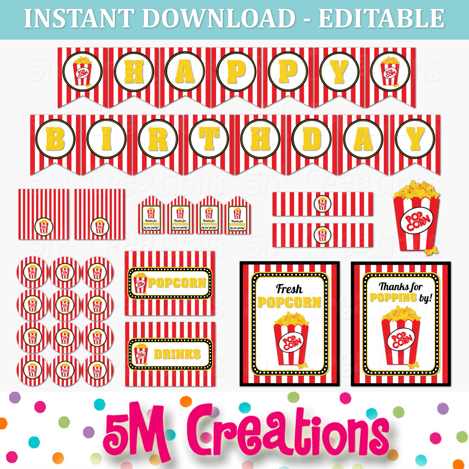 Popcorn Birthday Party Decor EDITABLE Printable Instant | Etsy