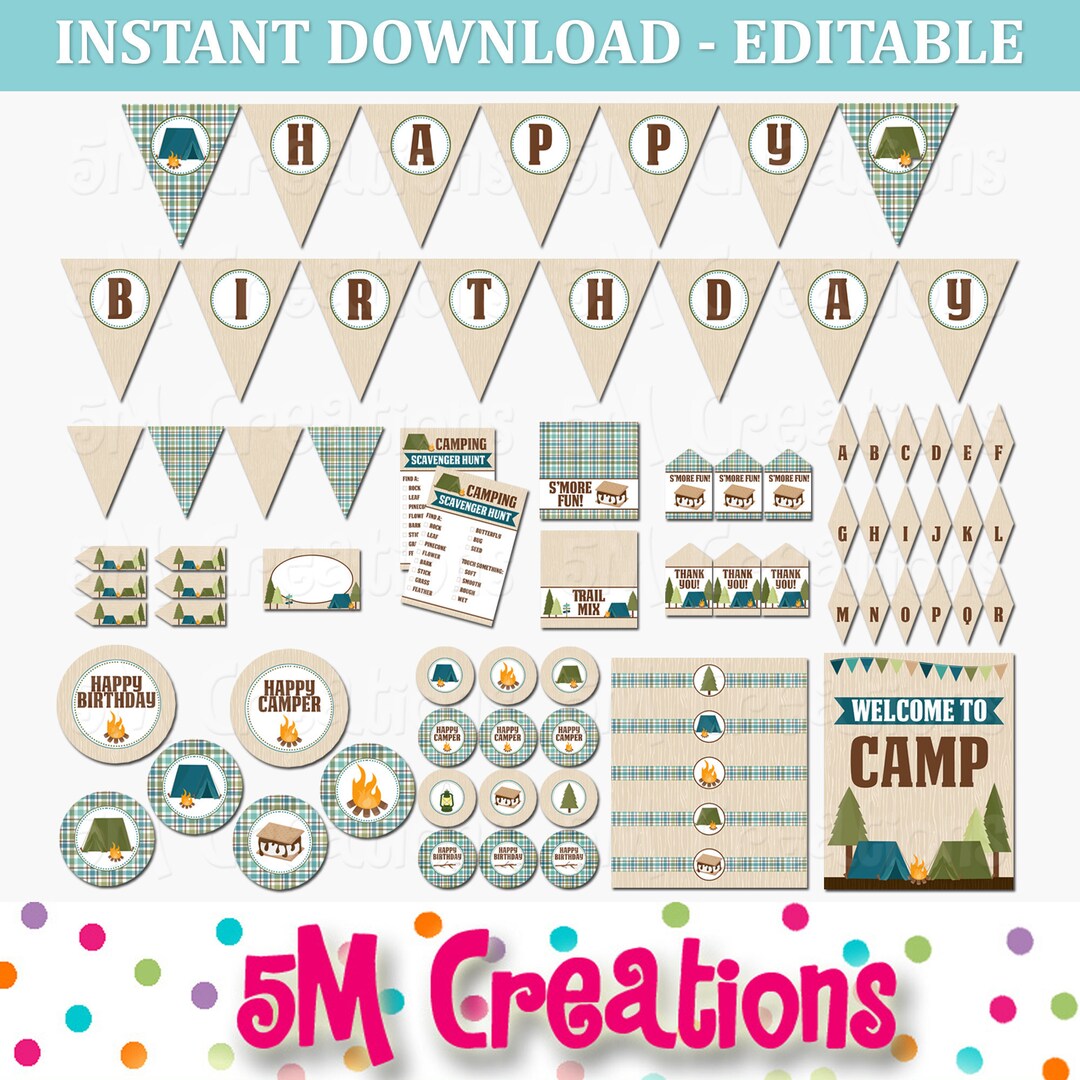 Camping Birthday Party Printable Decorations - Editable INSTANT ...