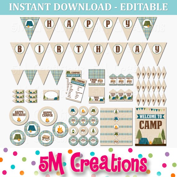 Camping Birthday Party Printable Decorations - Editable INSTANT ...