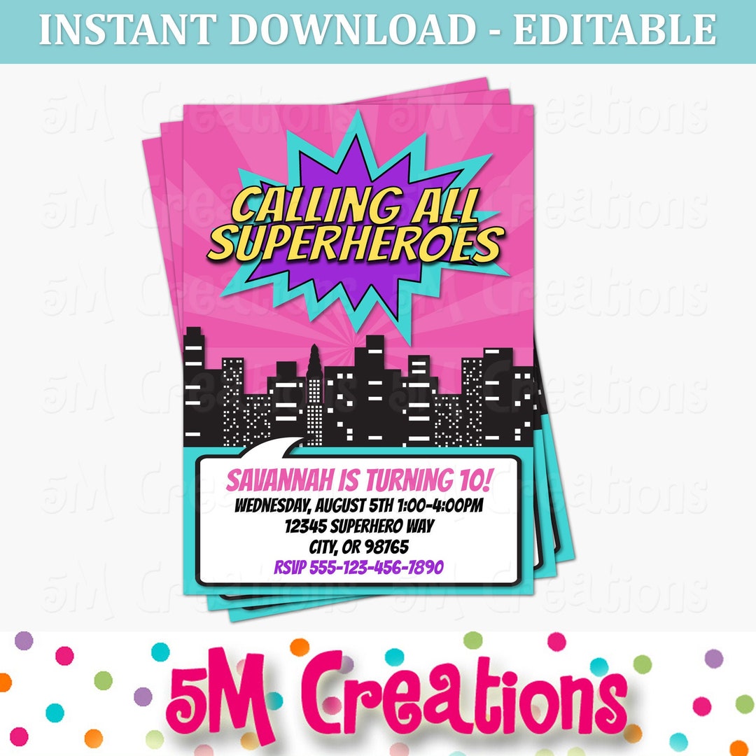 Girl Superhero Birthday Party Invitation Printable EDITABLE Instant ...