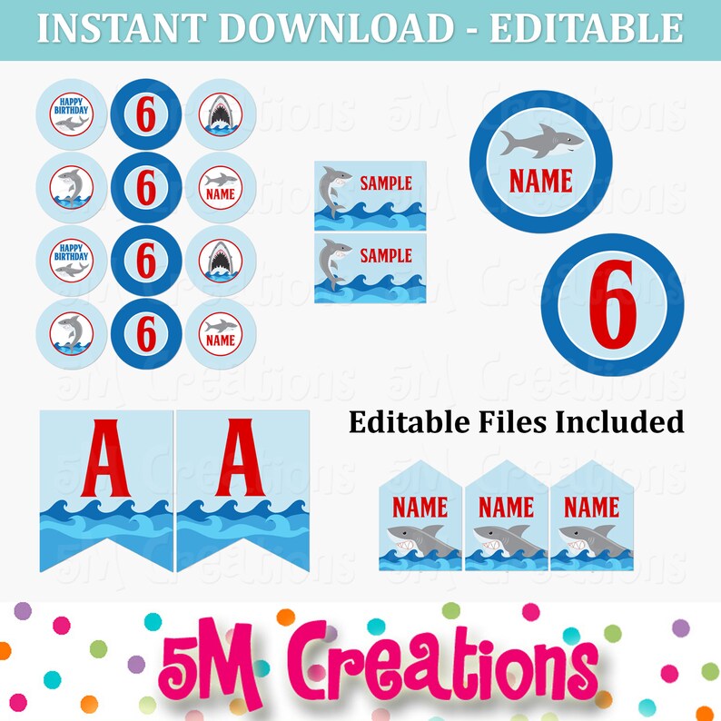 Shark Birthday Party Decor - Shark EDITABLE Printable Instant Download ...