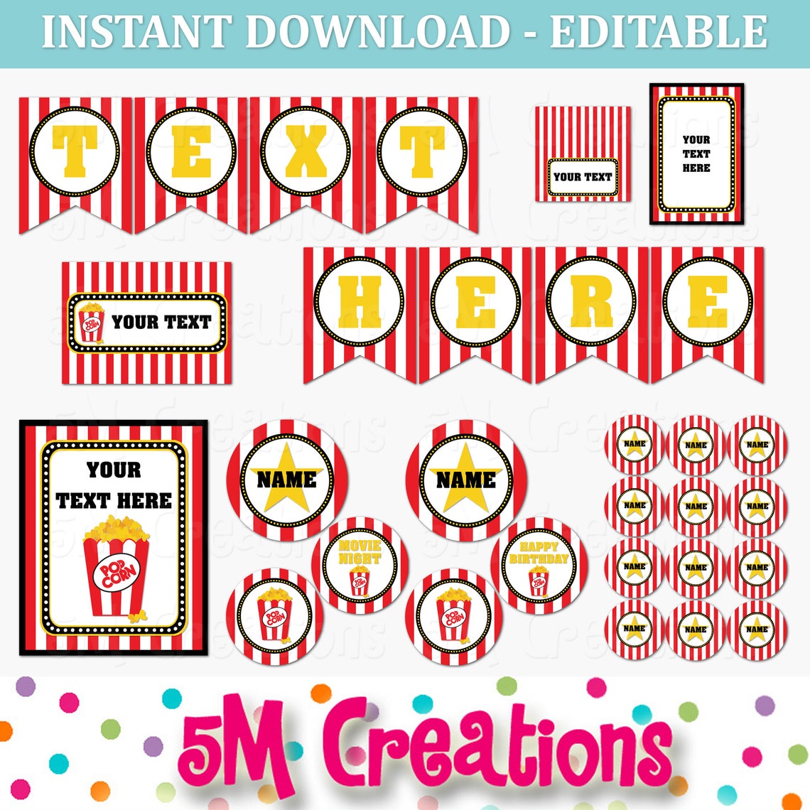 Popcorn Birthday Party Decor EDITABLE Printable Instant | Etsy