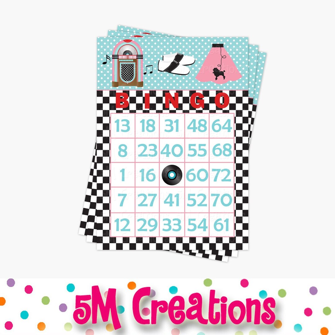 50s Diner Bingo Cards 24 - 1950s Printable Bingo Card - 50s Printable ...