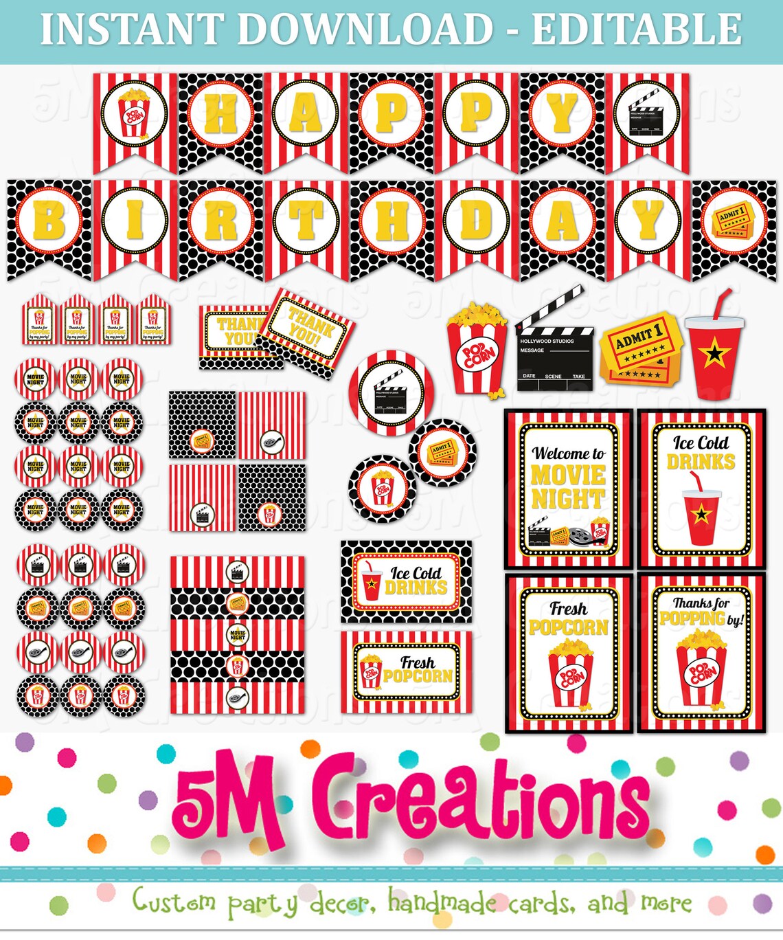Movie Night Birthday Party Decor EDITABLE Printable Instant - Etsy