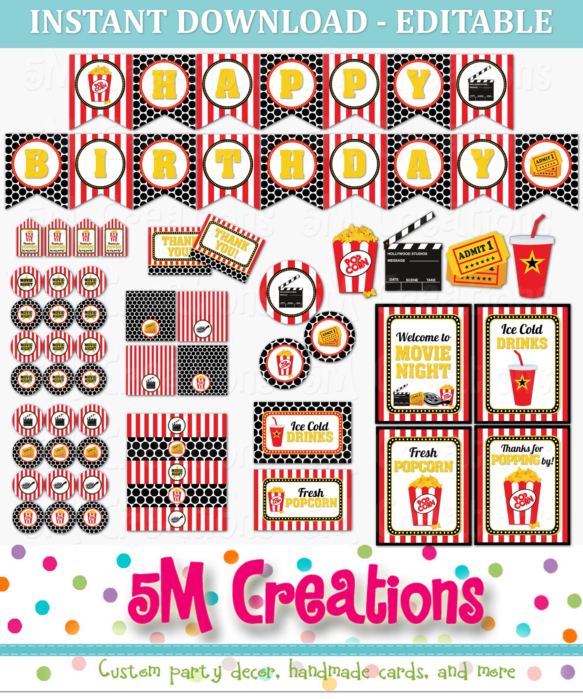 Movie Night Birthday Party Decor - EDITABLE Printable Instant Download ...