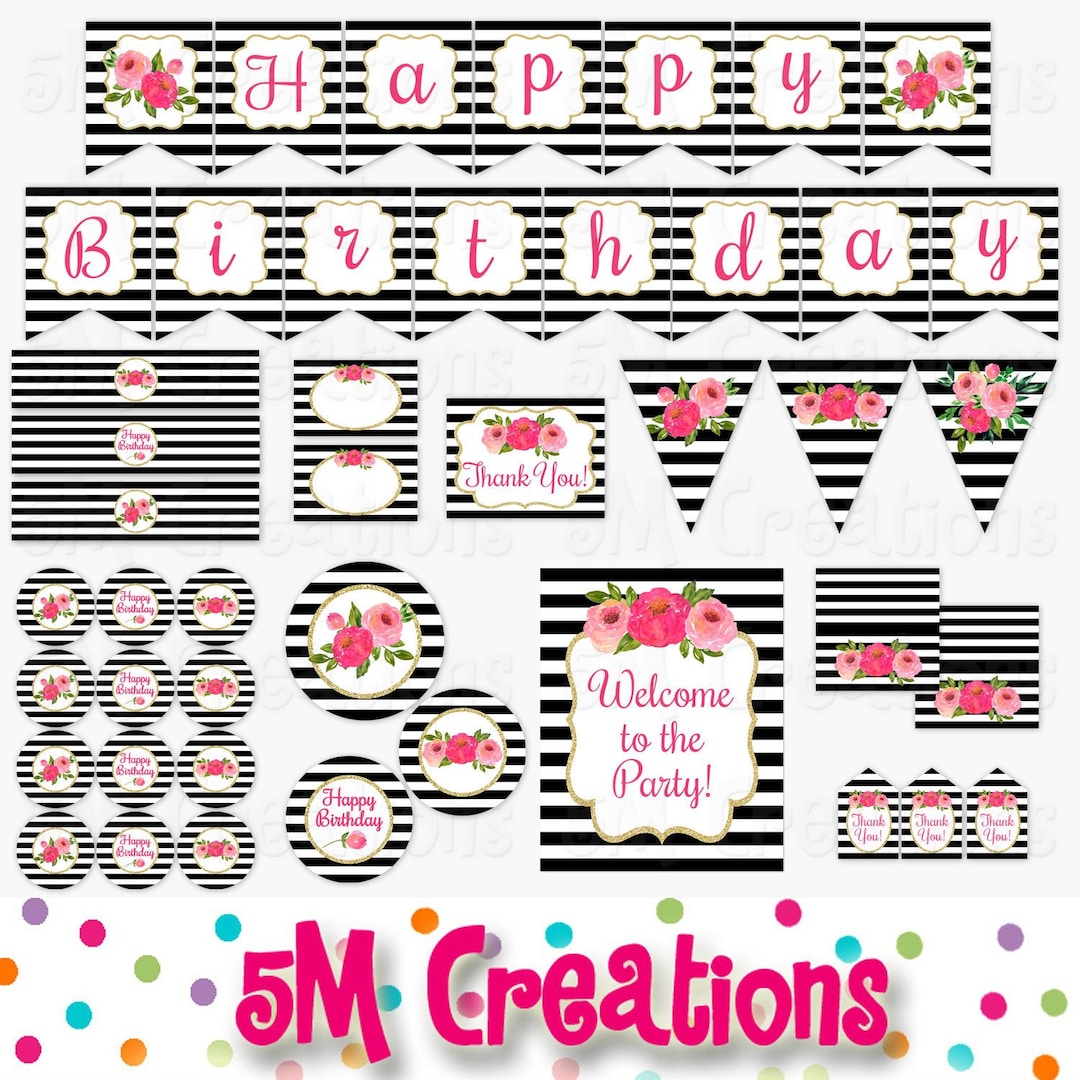 Floral Birthday Party Printable Decorations - Black White Pink Gold ...