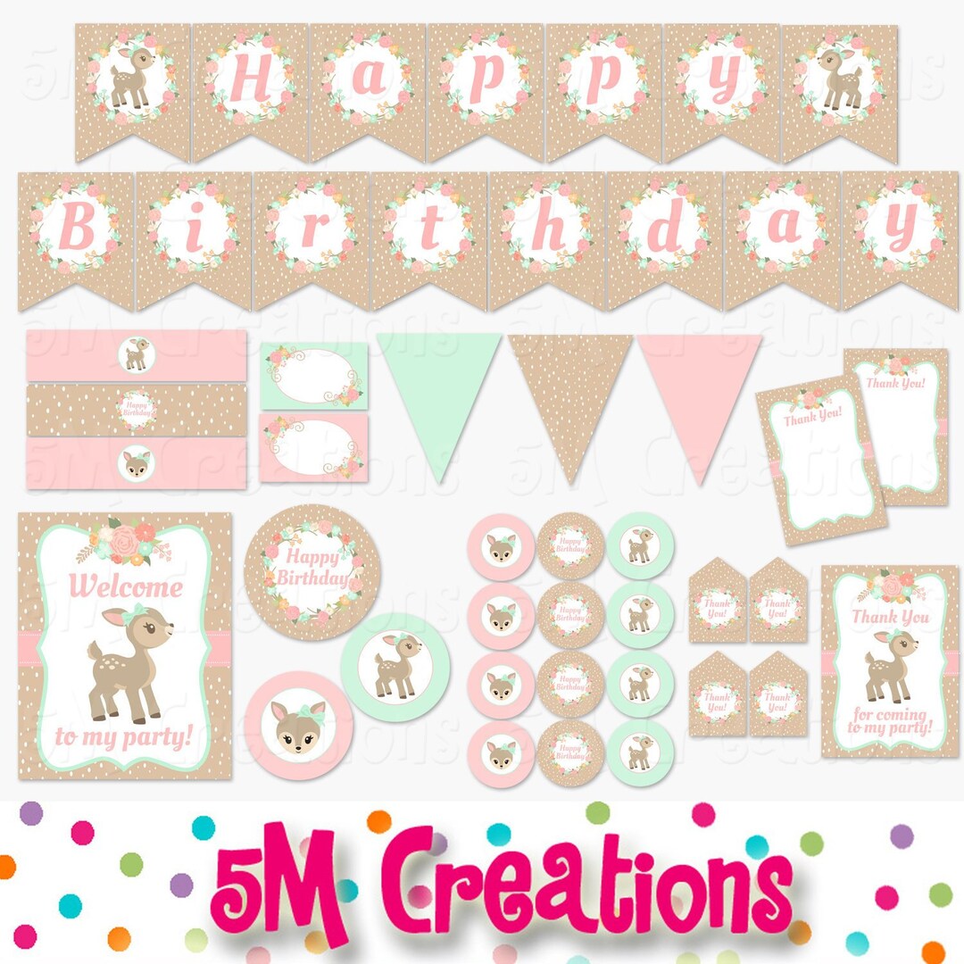 Deer Birthday Party Printable Decorations - Floral Woodland Animal ...