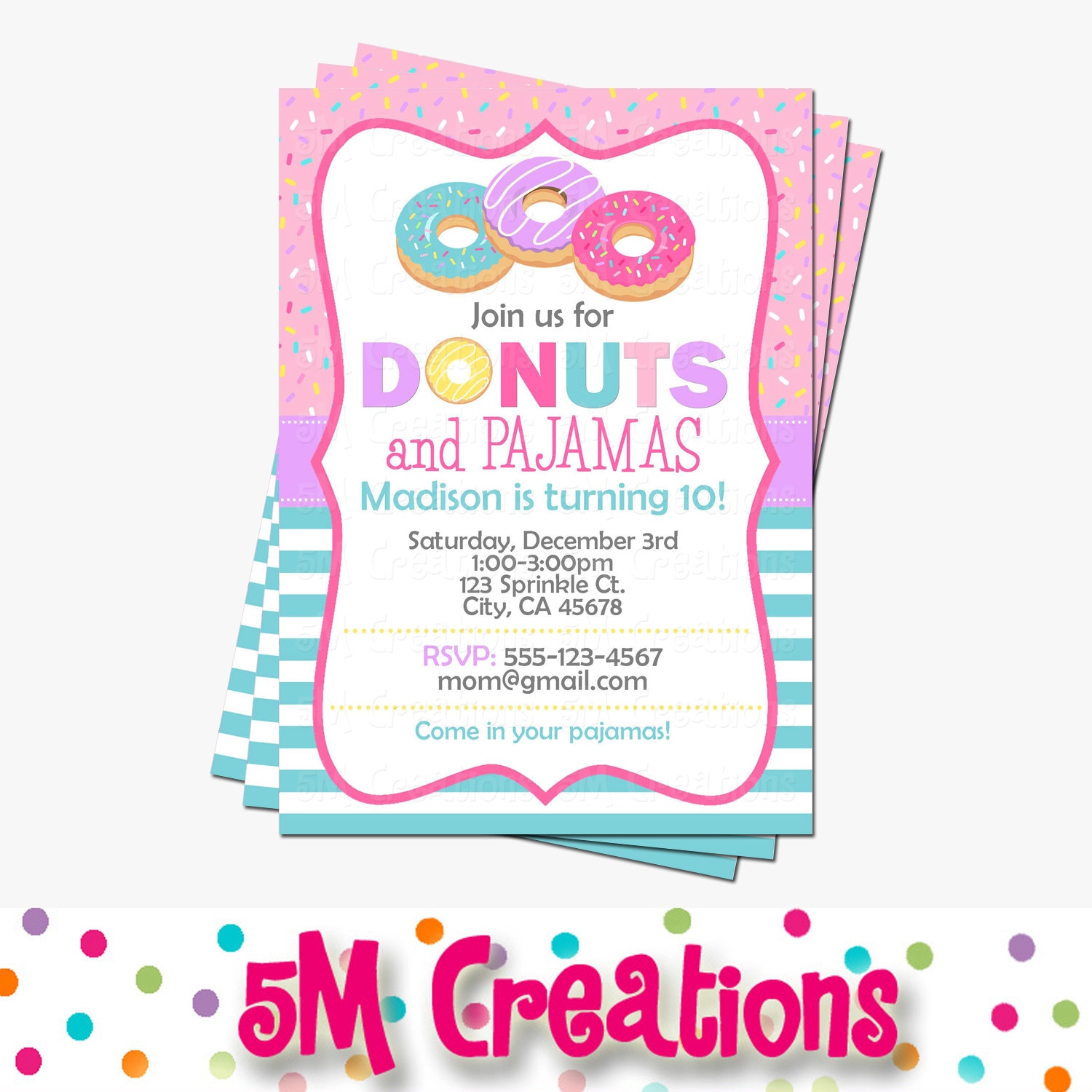 Donut Party Invitation - Doughnut Birthday Invitations - Donut Pajamas ...