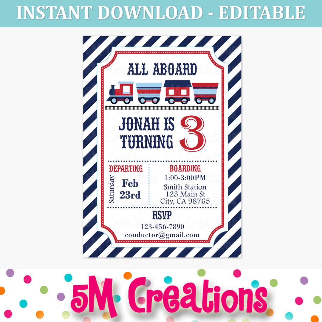 Train Birthday Party Invitations - EDITABLE Instant Download Printable ...