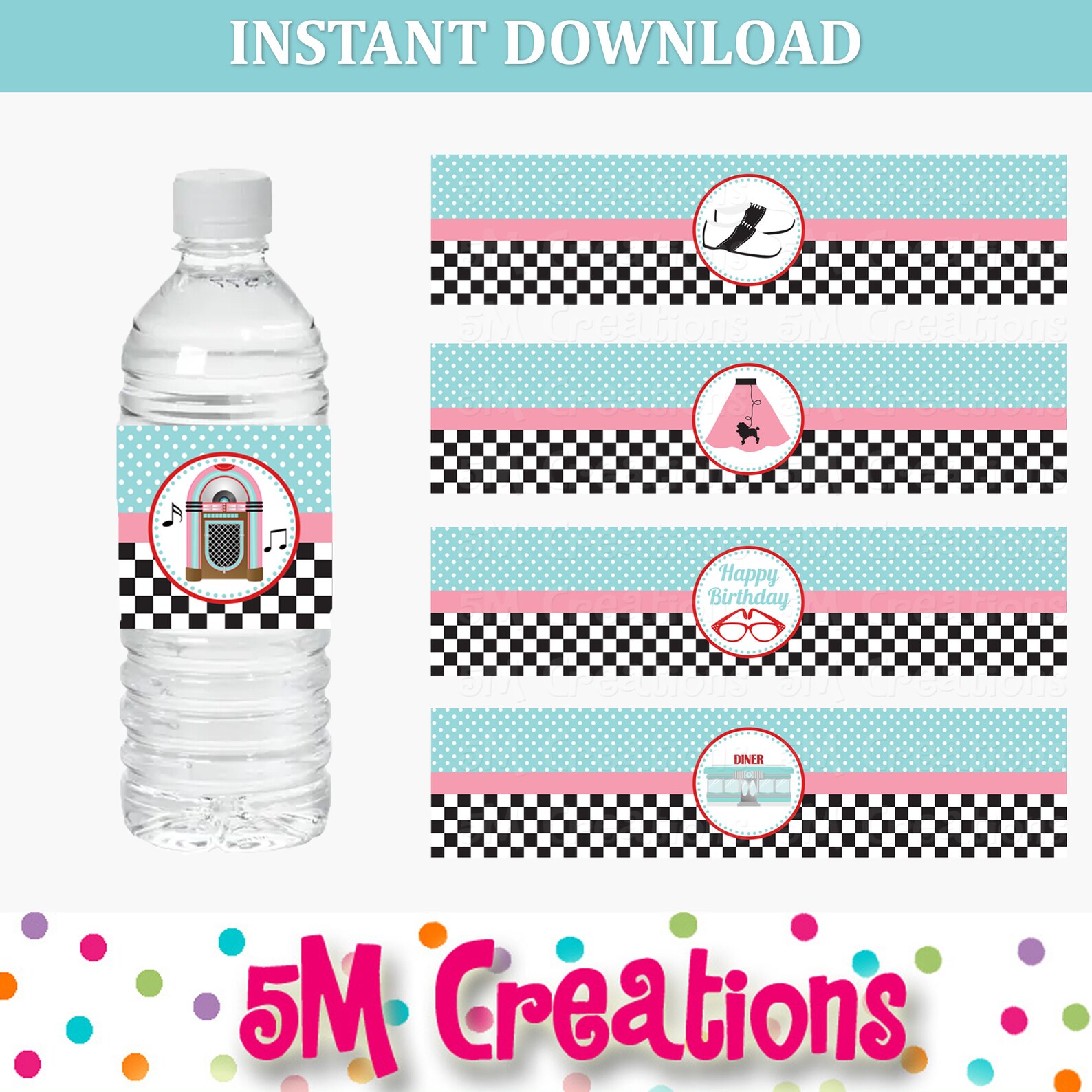 50s Diner Water Bottle Labels Printable Water Bottle Wraps - Etsy