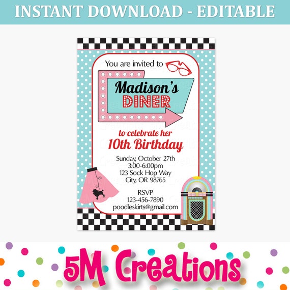 1950s Birthday Party Invitation Printable EDITABLE Instant Download - 50s Birthday Party Invite ...