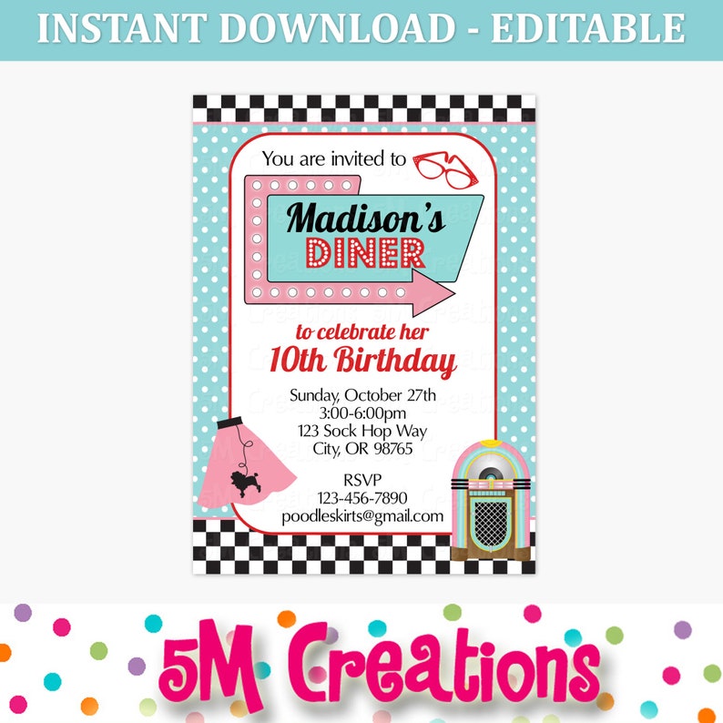1950s Birthday Party Invitation Printable EDITABLE Instant - Etsy