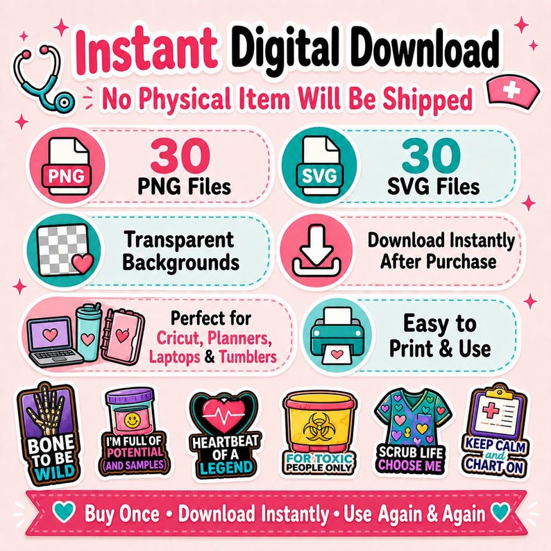 30 Funny Medical & Nurse Stickers PNG SVG Bundle | Sarcastic Healthcare ...