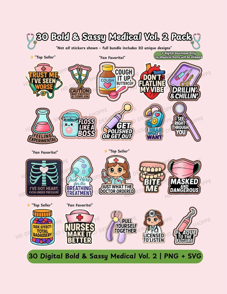 Funny Medical Stickers: Nurse & Healthcare Humor - PNG + SVG Bundle - Etsy