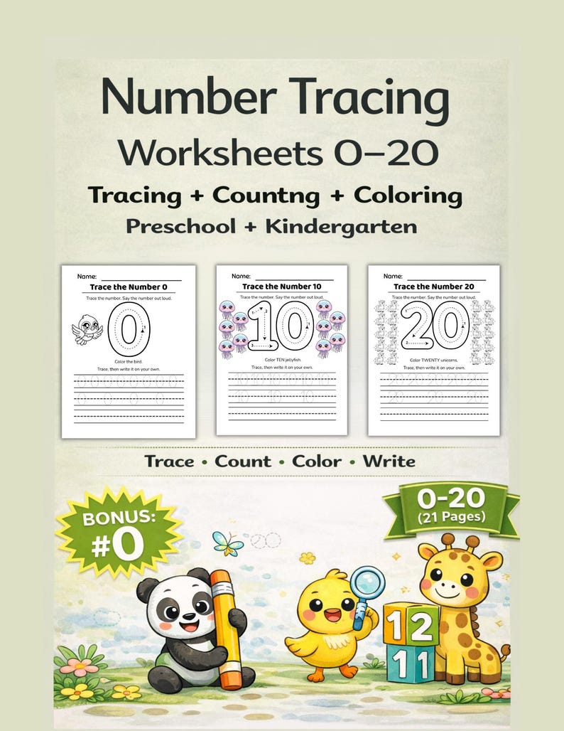 Number Tracing Worksheets 0–20 for Preschool & Kindergarten | Printable ...