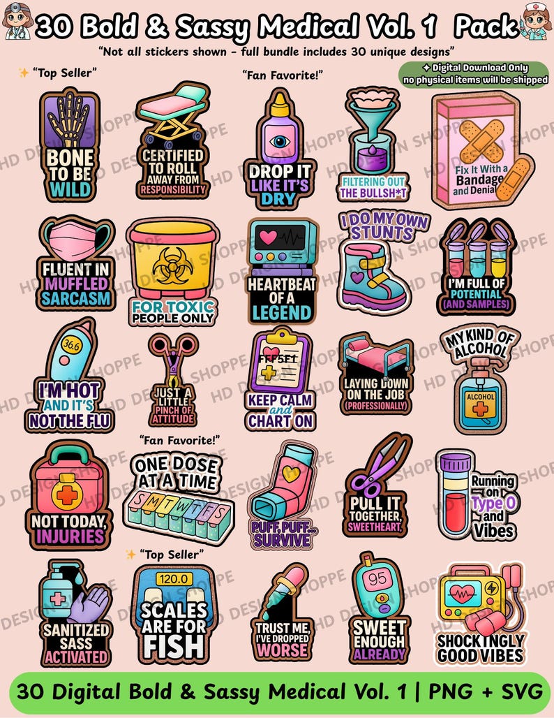 30 Funny Medical & Nurse Stickers PNG SVG Bundle | Sarcastic Healthcare ...