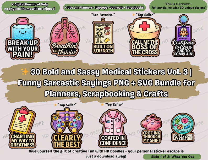 Funny Medical Stickers Vol. 3 | Nurse & Doctor Quote SVG + PNG Bundle ...