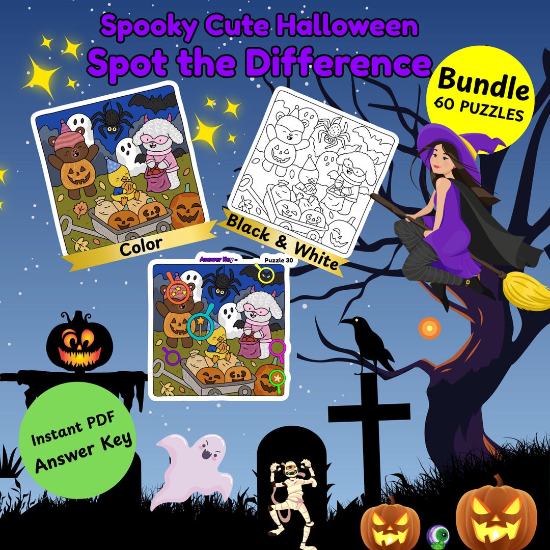 Spooky Halloween Spot the Difference Game: 60 Printable Kids Puzzles ...