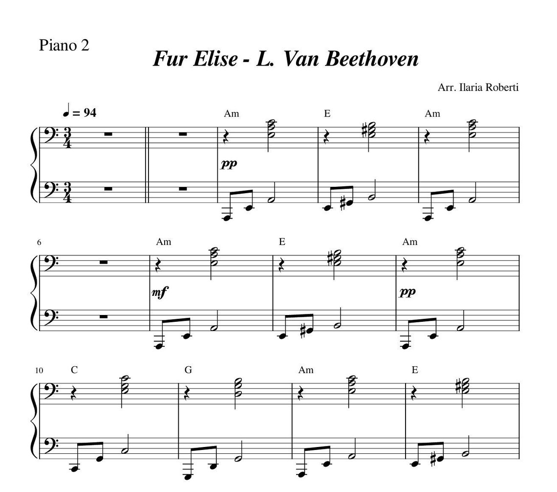Fur Elise (beethoven) Easy Piano (four Hands) Sheet Music, Digital ...