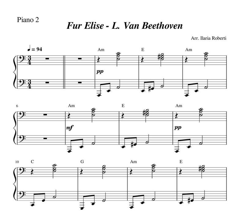 Fur Elise (beethoven) Easy Piano (four Hands) Sheet Music, Digital ...