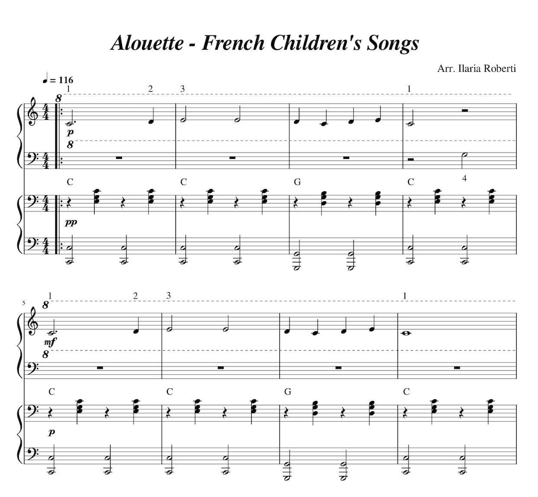 Alouette (french Children's Songs - Four Hands) Easy Piano Sheet Music ...