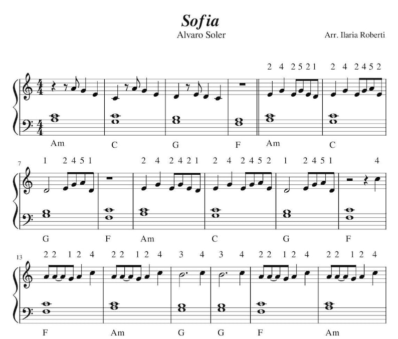Sofia (alvaro Soler) in C Easy Piano Sheet Music, Digital Downloadable ...