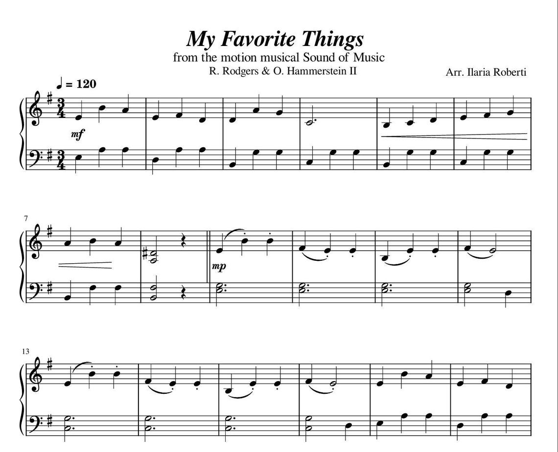 My Favourite Things (from the Sound of Music) Easy Piano Sheet Music ...