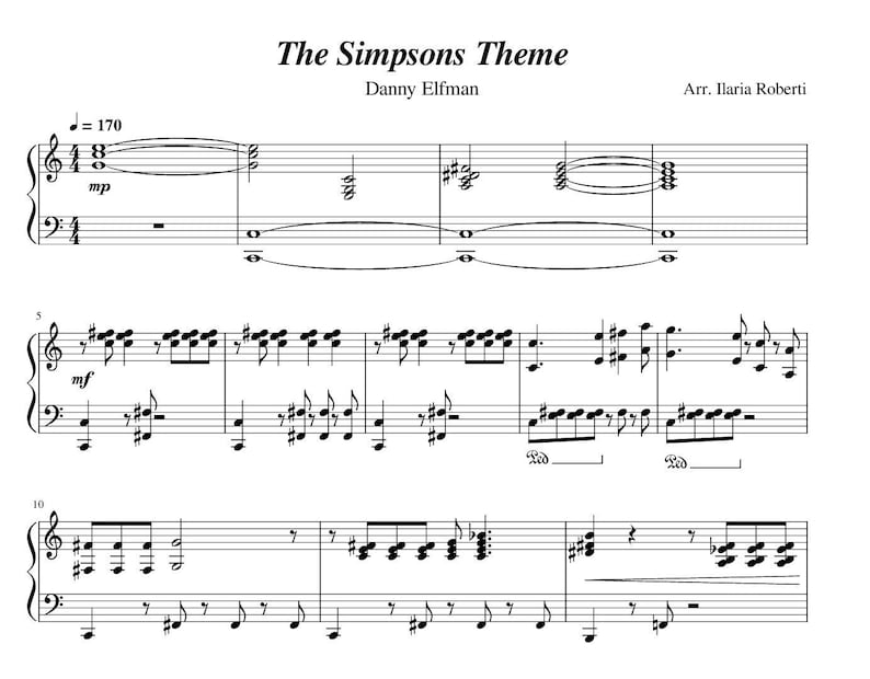 The Simpsons Theme (danny Elfman) Piano Sheet Music, Digital ...