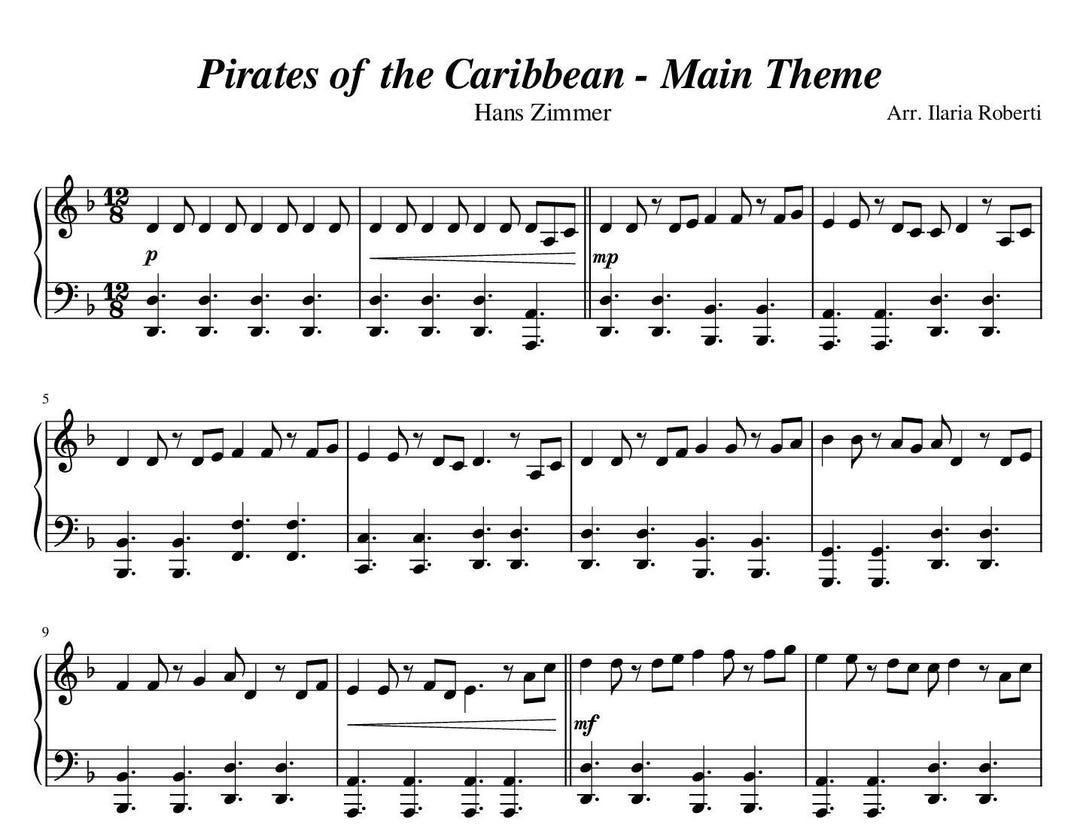 Pirates of the Caribbean Main Theme (hans Zimmer) Piano Sheet Music ...