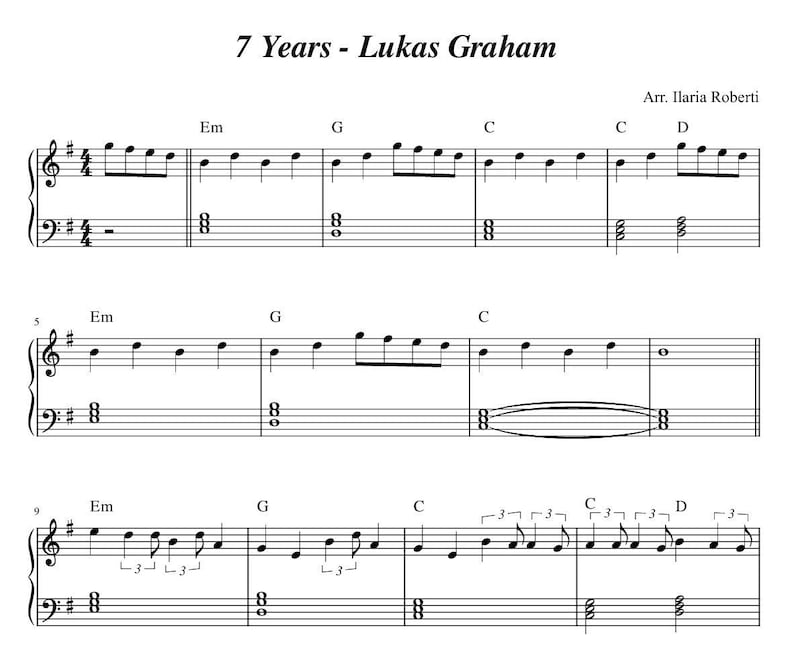 7 Years (lukas Graham - in G) Easy Piano Sheet Music, Digital ...