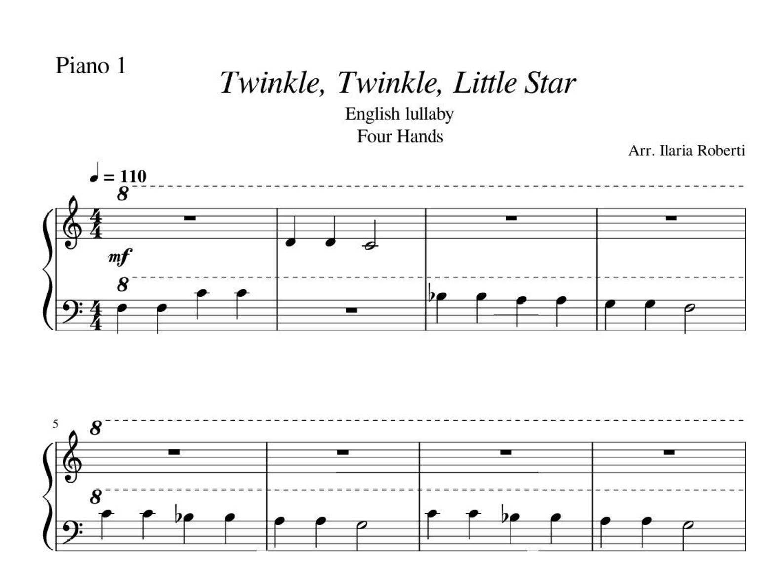 Twinkle Twinkle Little Star (four Hands) Easy Piano Sheet Music ...