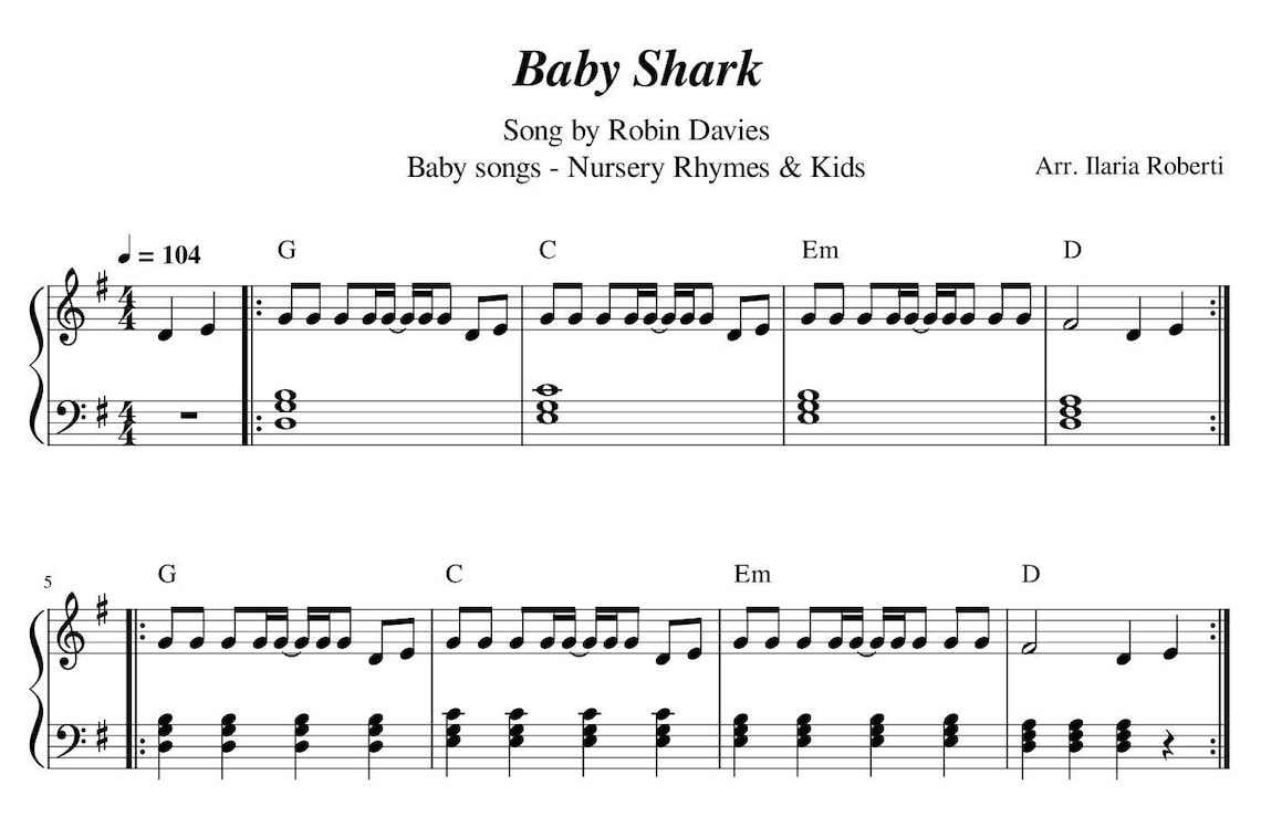 Baby Shark Piano Solo, Easy Piano Sheet Music, Digital Downloadable ...